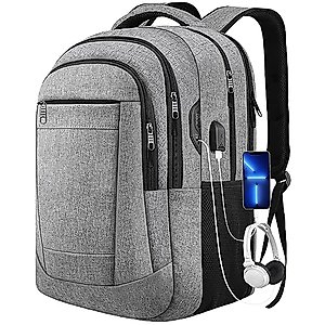 Large Travel Backpack, Laptop Backpack Men, TSA Airline Approved Backpack 40L, Anti Theft Waterproof Business College Computer Bag with USB Charging Port & Headphone Hole Fits 15.6 Inch Laptop, Grey