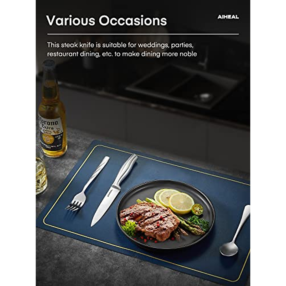 Aiheal Serrated Steak Knife Set, Stainless Steel Steak Knives Set of 8, Never Needs Sharpening Dinner Knives, Micro Serrated Steak Knives with Gift Box