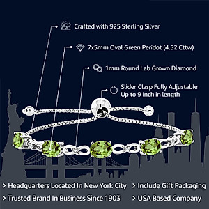 Gem Stone King 925 Sterling Silver Green Peridot and White Lab Grown Diamond Tennis Bracelet For Women (4.52 Cttw, Gemstone August Birthstone, Oval 7x5MM, Fully Adjustable Up to 9 Inch)