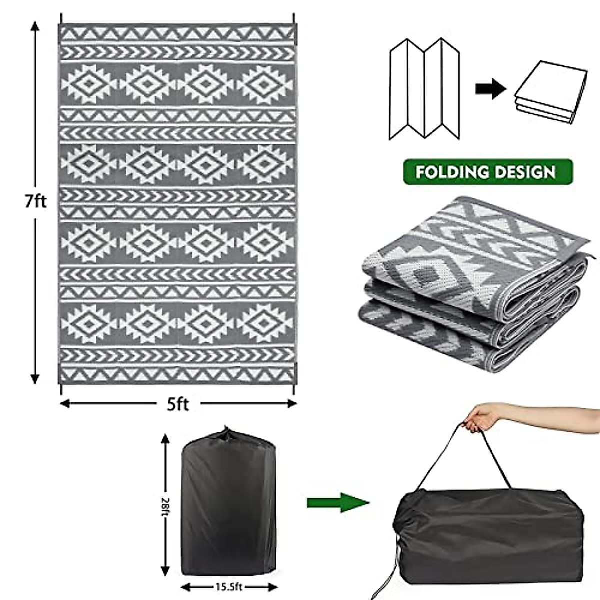 Pauwer Waterproof Outdoor Rug 5x7, Reversible Plastic Straw Patio Camping Rug, Indoor Outdoor RV Mat Carpet for Deck, Camper, Porch, Balcony, Backyard, Picnic, Moro Grey