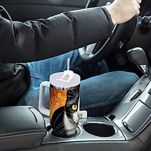 ODAWA 40 Oz Black White Cat Insulated Tumbler Cup with Handle and Straw, Stainless Steel Vacuum Insulated Tumbler