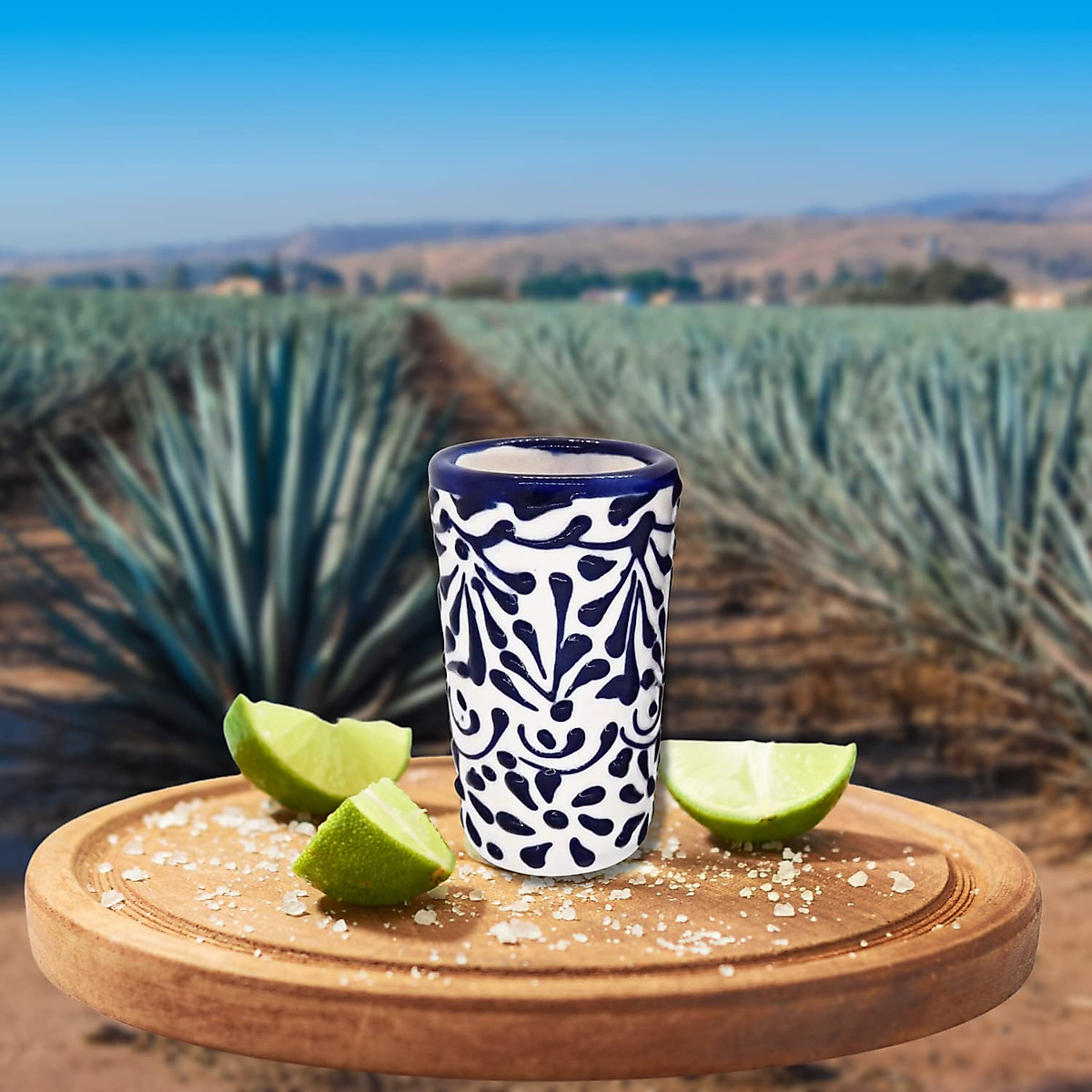 MEXTEQUIL - Talavera Shot Glasses Set of 4 Authentic Mexican Tequila Shot Glasses - Hand-painted - 2 Oz (Blue Lace)