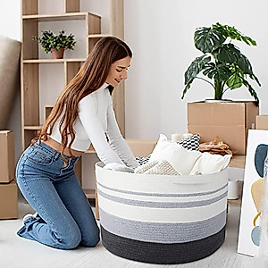 WISELIFE Storage Basket Large Cotton Rope Basket 21.7"x 21.7" x 13.8" Baby Laundry Basket with Handle Big Basket Soft Nursery Cube Bin Durable Laundry Hamper for Living Room(Gradient Grey)