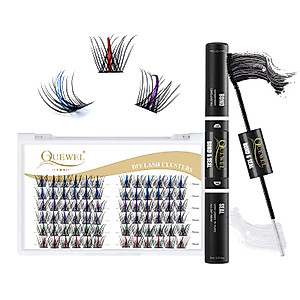QUEWEL Cluster Lashes 72 Pcs Wide Stem Colored Eyelash Clusters& Lash Bond And Seal, Lash Cluster Glue For DIY Eyelash Extensions