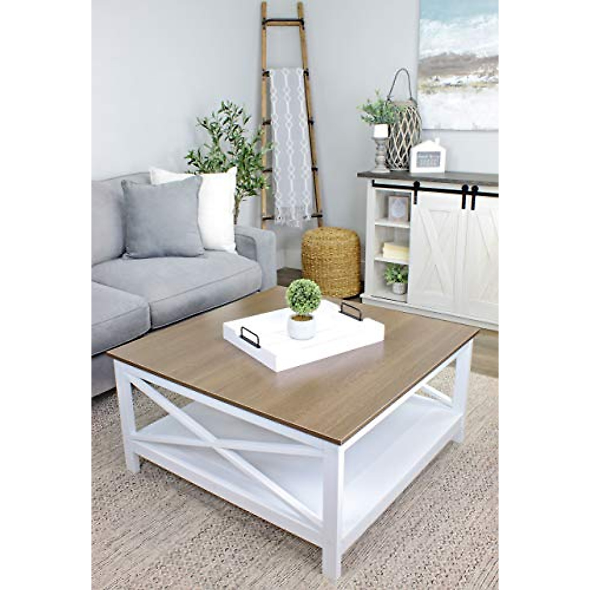 AuldHome Rustic Wood Serving Tray; White Wooden Farmhouse Shiplap Decorative Ottoman Tray with Black Metal Handles, 17 x 13 Inches