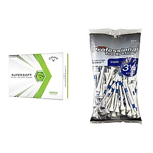 Callaway 2021 Supersoft Golf Balls, Green & Pride Professional Tee System, 3-1/4 inch ProLength Plus Tee, 75 Count, White