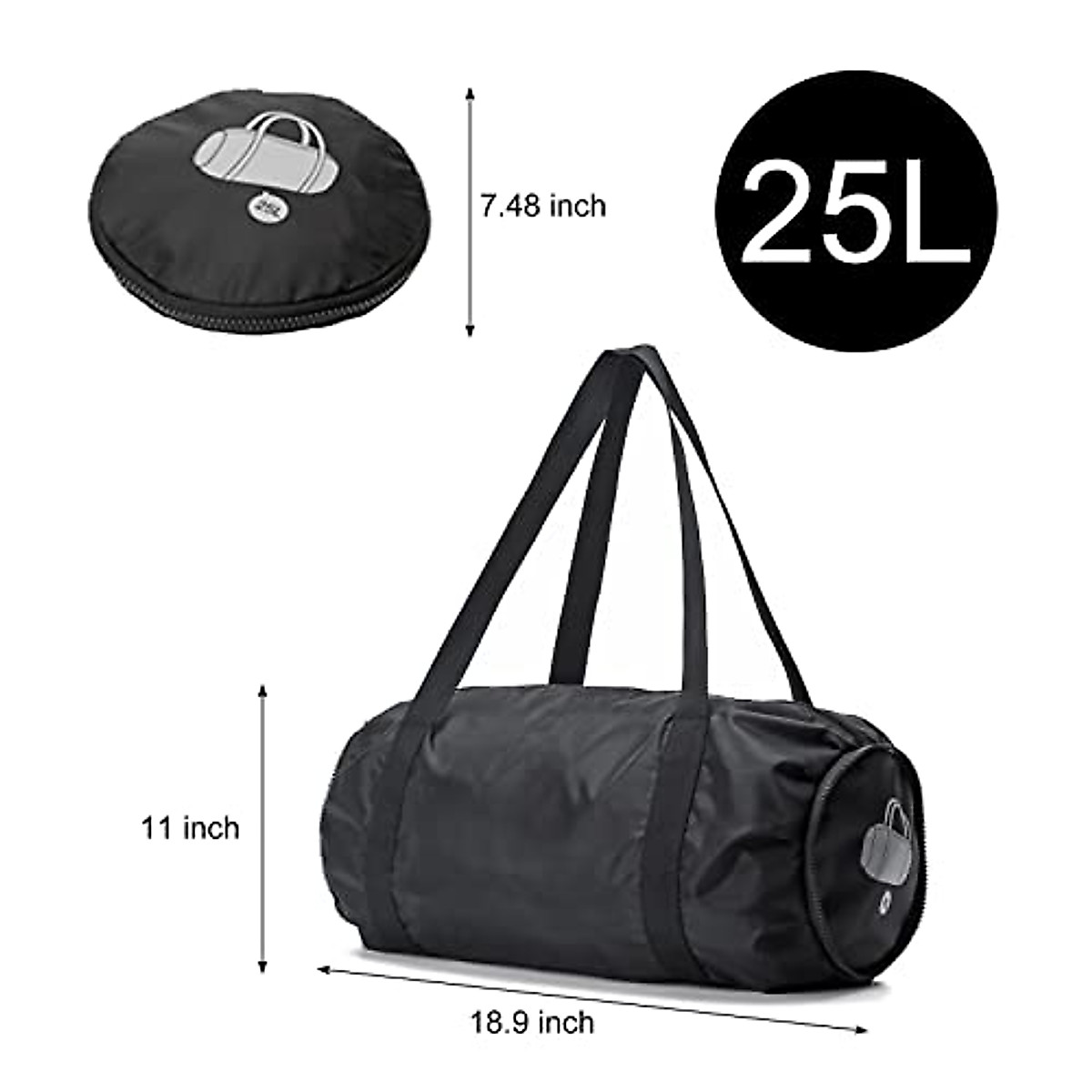 NKTDWO Small Sport Gym Bag for Adults, 25L Waterproof Duffle Bag with Wet and Dry Compartment Weekender Bag Foldable Gym Tote Bag for Workouts, Sports, Travel (Black)