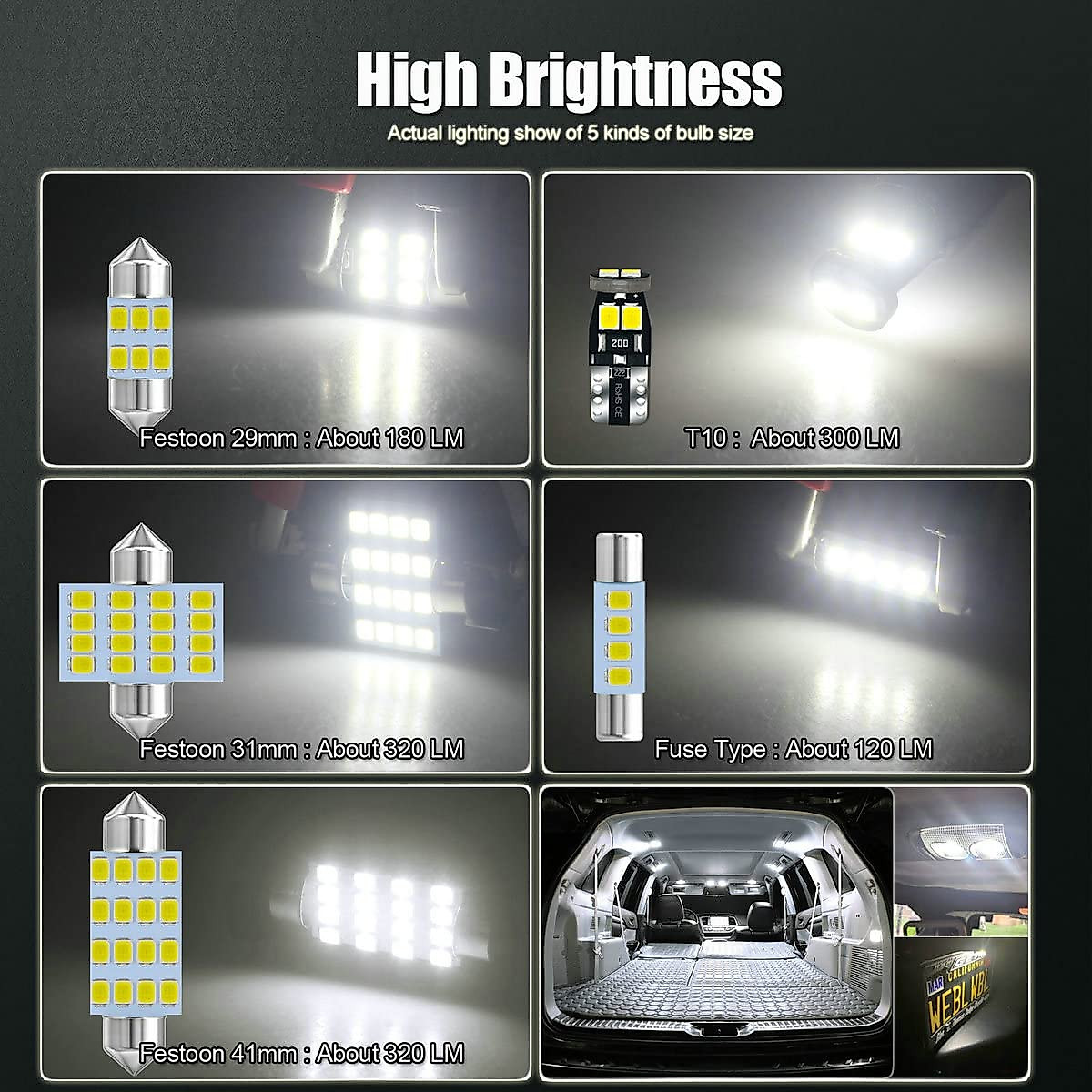 EBAIFUN 26-Pack 6000K White 12V DE3175 6411 T10 2825 6612F 6615F 31mm 41mm LED bulb Kit for Car Truck Interior Map Dome Vanity Mirror Sun Visor Light Cargo Trunk Door Courtesy License Plate Light