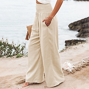 Women's Wide Leg Long Lounge Pants High Waist Drawstring Loose Light Weight Fit Casual Trousers Comfy Pants 01 Khaki