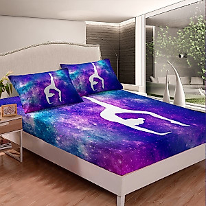 Erosebridal Gymnastic Bed Sheet for Girls Women Gift, Gymnastics Lovers Sheet Set Purple Galaxy Bedding Set Full Size, Tie Dye Glitter Blue Purple Fitted Sheet - Deep Pocket 4 Pcs with 2 Pillowcases