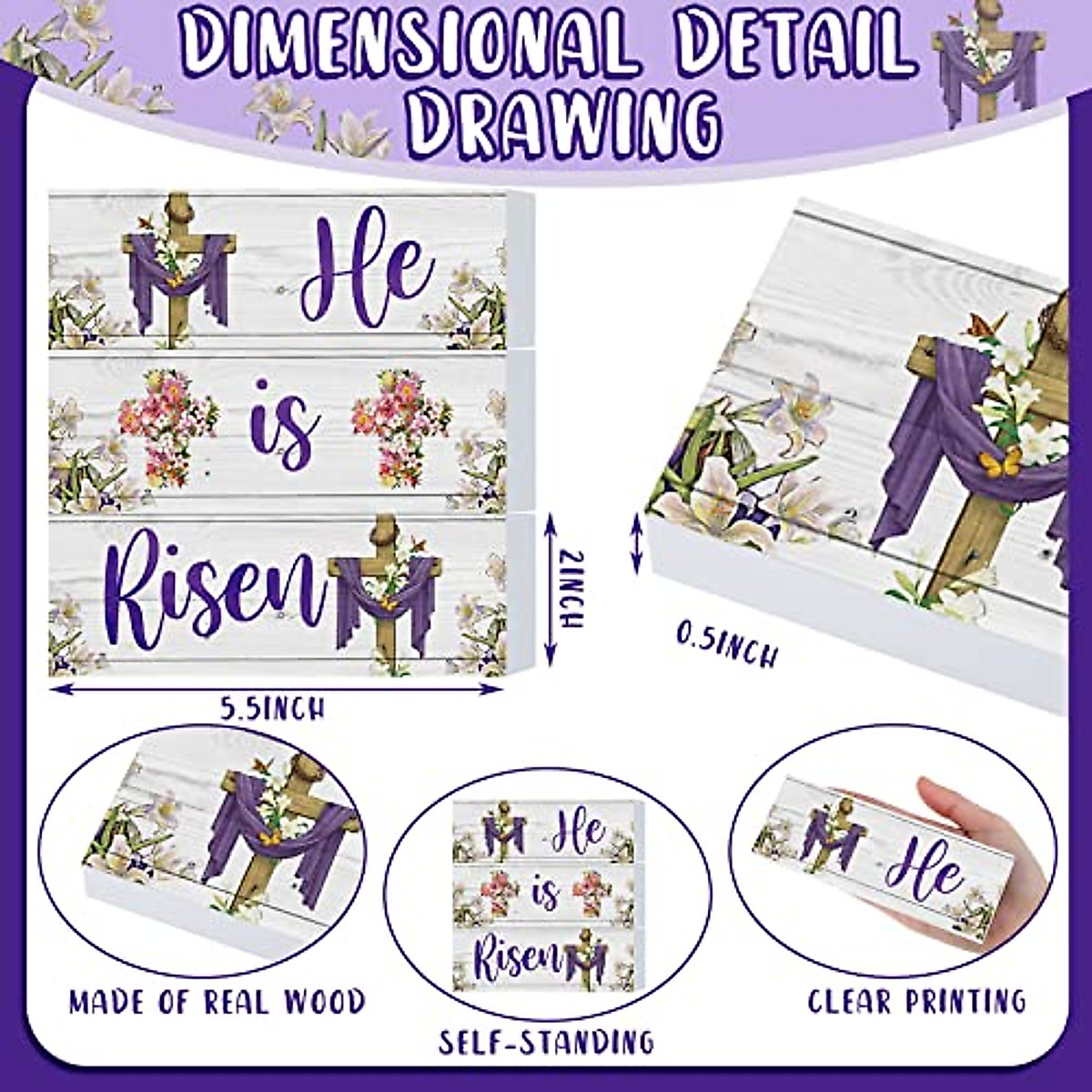 He is Risen Easter Decor Easter Wooden Cross Signs Floral Printed Easter Tiered Tray Signs Religious Tabletop Easter Decorations Spring Table Centerpieces for Home Office (Cross)