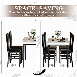 Hooseng Modern 5 Piece Dining Room Furniture Set - White Table with Faux Marble Top and PU Leather Chairs for 4, Apartment, Home Bar, Small Spaces