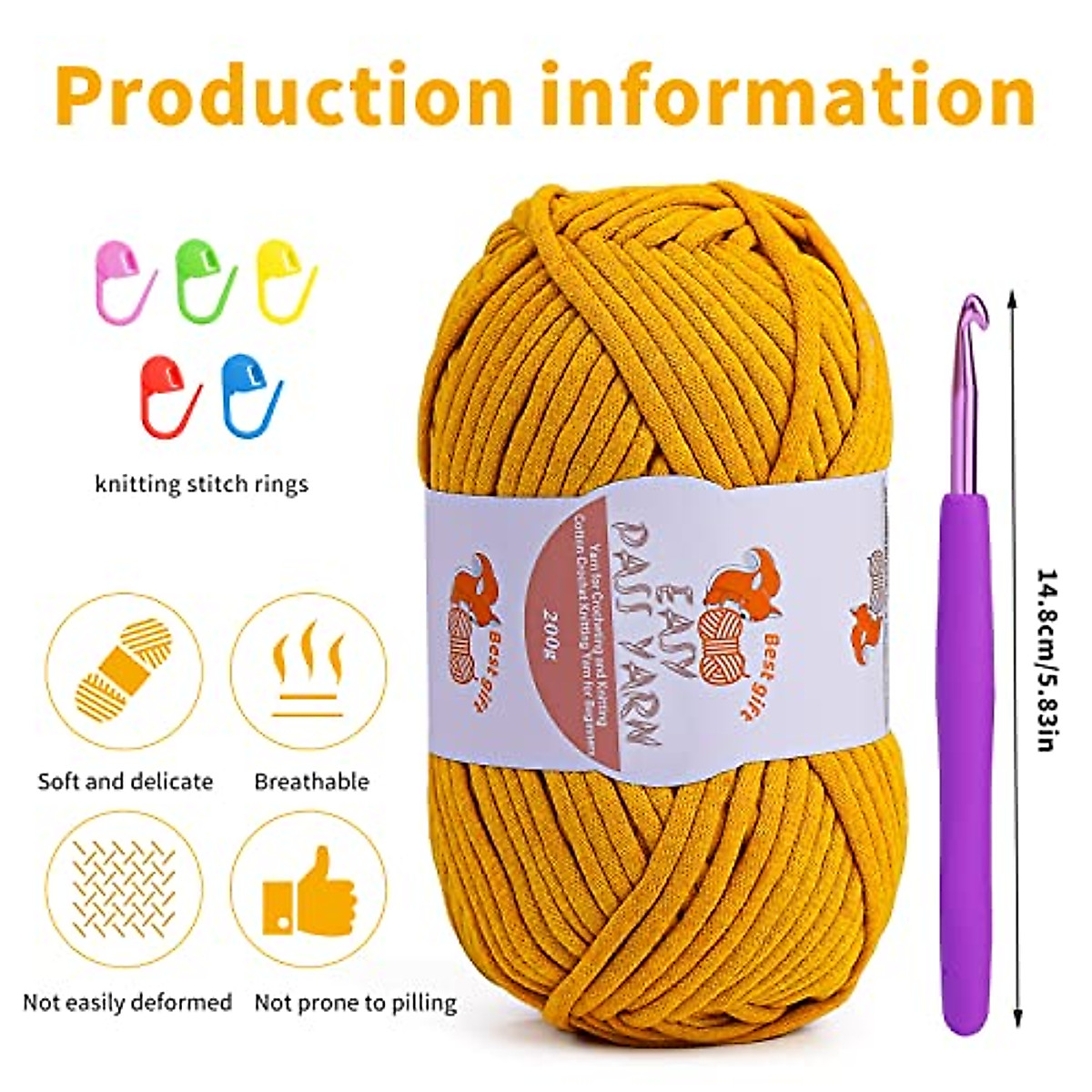 Fedmut Yarn for Crocheting -200g Beginners Chunky Cotton Yarn Easy-to-See Stitches Thick Worsted Yarn for Knitting Craft -Yellow