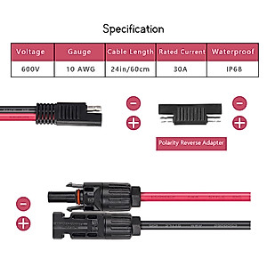 Vemote Solar Panel Connector to SAE Adapter Cable, 30A IP68 Waterproof PV Extension Wire with SAE Polarity Reverse Adapter 10AWG for Rv Caravan Solar Panels Battery Charger