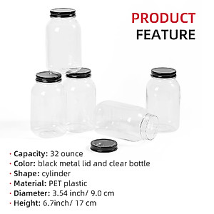 OMNISAFE 32 Ounce Clear Plastic Mason Jars With Screw On Lid, Reusable Empty Jars for Food Storage, Round BPA Free Containers for Sealing, Dry Food, Snacks, Candies, Breakage-proof, (Black - 12 Pack)