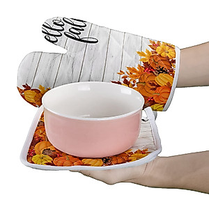 Hello Fall Oven Mitts and Pot Holder Set, Thermal Insulation Kitchen Oven Glove and Anti-Slip Potholder for Cooking, BBQ, Microwave, Grilling - Retro Farmhouse Pumpkins Leaves Wooden Grain