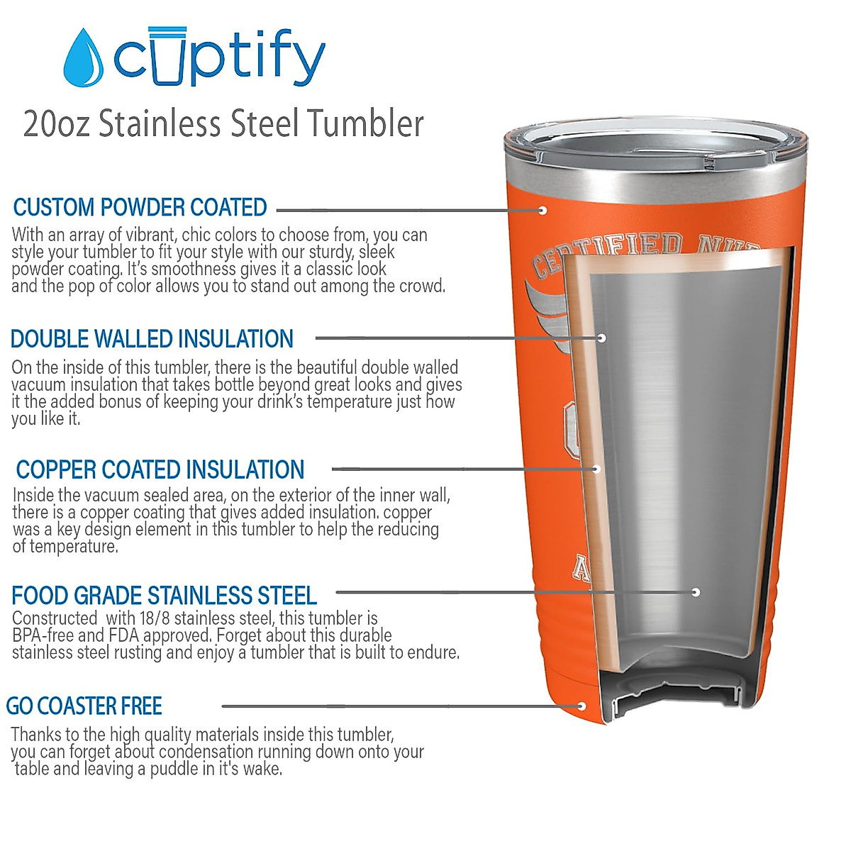Personalized CNA Certified Nurse Assistant Gift on Orange 20 oz Stainless Steel Tumbler with Lid - Insulated Cup - Travel Mug