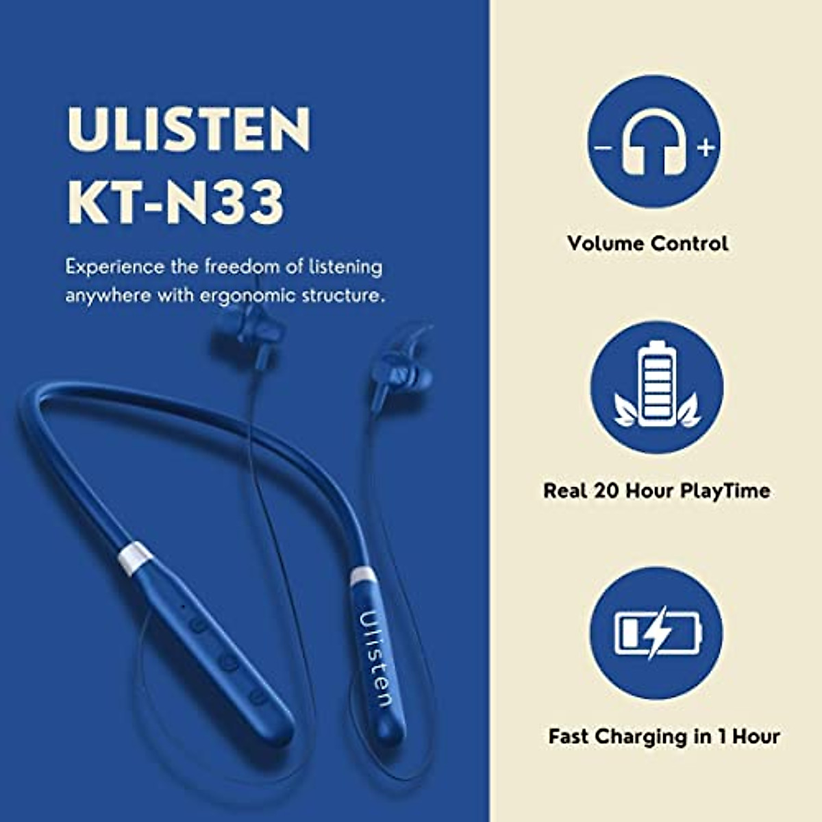 U-Listen PRO KT-N33 Wireless Bluetooth Neckband Headphone Super Bass Noise Reduction HD Mic Type C Foldable New Ergonomic Design Trendy Comfy Gym Sport Around The Neck by Turbootech(Blue)