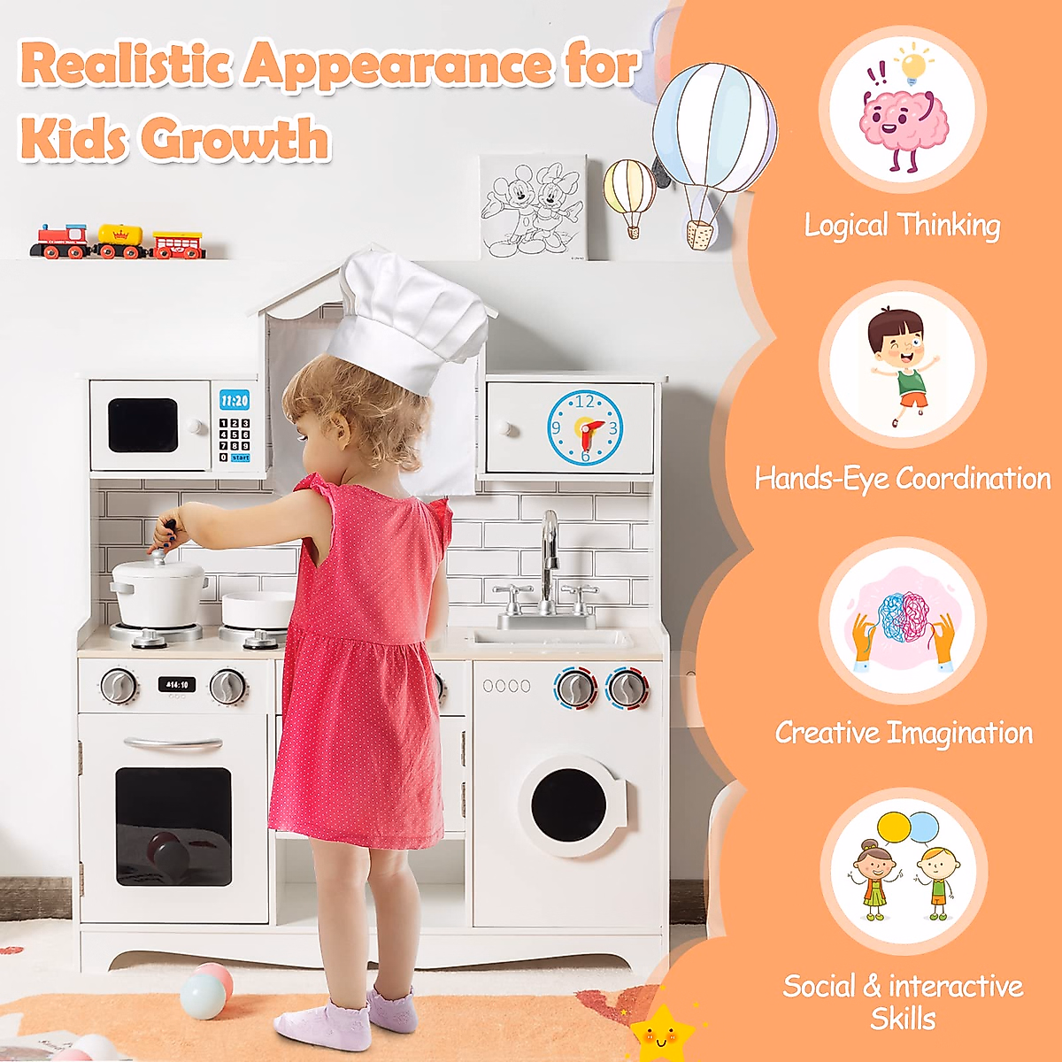 HONEY JOY Kids Kitchen Playset, 31 Inch Rooftop Wooden Play Kitchen for Toddlers, Microwave, Clock, Washing Machine, Cookware, Little Chef Pretend Play Toy Kitchen Set, Gift for Boys Girls, White