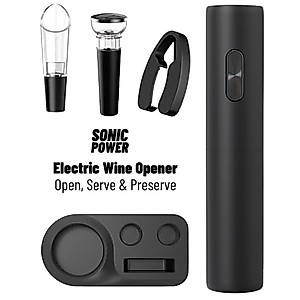 SonicPower Electric Wine Opener Set, Uncork without Effort, Open Serve & Preserve Attachments, Battery Operated, Sleek Black Finish
