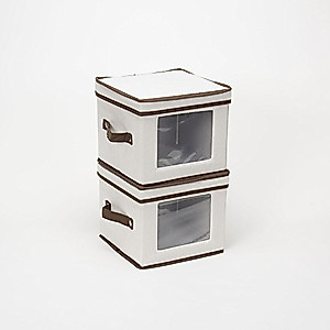 Household Essentials 534 Dinnerware Storage Box with Lid and Handles | Chest for Salad Plates | Natural Canvas with Brown Trim