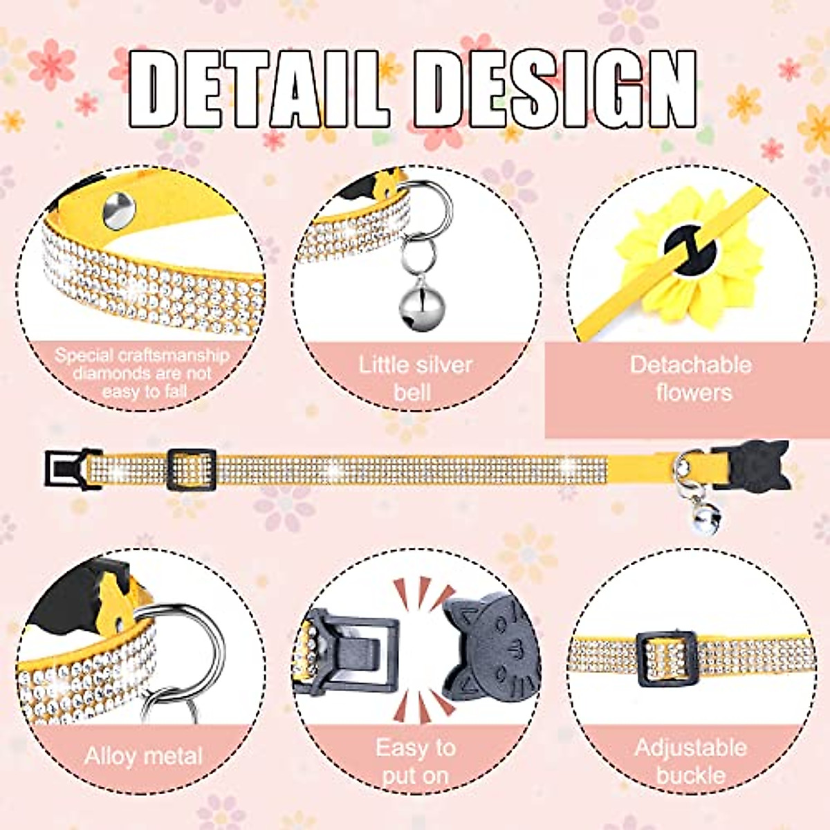 6 Pcs Cat Collars for Girl Cats Bling Kitten Collar with Bell and Flower Glitter Cat Collars Soft Velvet Cute Dog Collar with Buckle Shine Puppy Collar (7.9-9.8 inch)