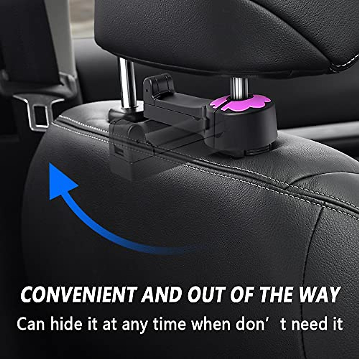 2 Pack of Upgraded 2 in 1 Car Seat Hooks 360 ° Rotation, with Cell Phone Holder, Hidden Seat Hooks, Can Hang Handbags, Purse, Toys, Groceries, Hook (2pcs-Purple)