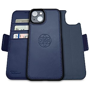 Dreem Fibonacci Wallet Case for iPhone 14 | 2-in-1 Detachable Vegan Leather Cover with Built-in Kick-Stand, RFID Blocking Card Holder, MagSafe Compatible [Royal]