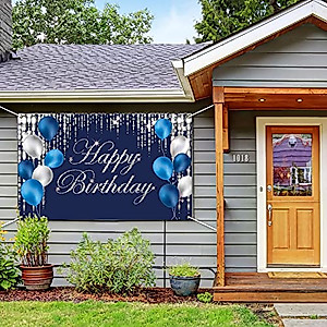 Blue Silver Happy Birthday Decorations Blue Birthday Banner Backdrop Large Happy Birthday Backgroud Birthday Backdrop Baby Shower Party Indoor Outdoor Decorations Supplies for Men Women Boys Girls