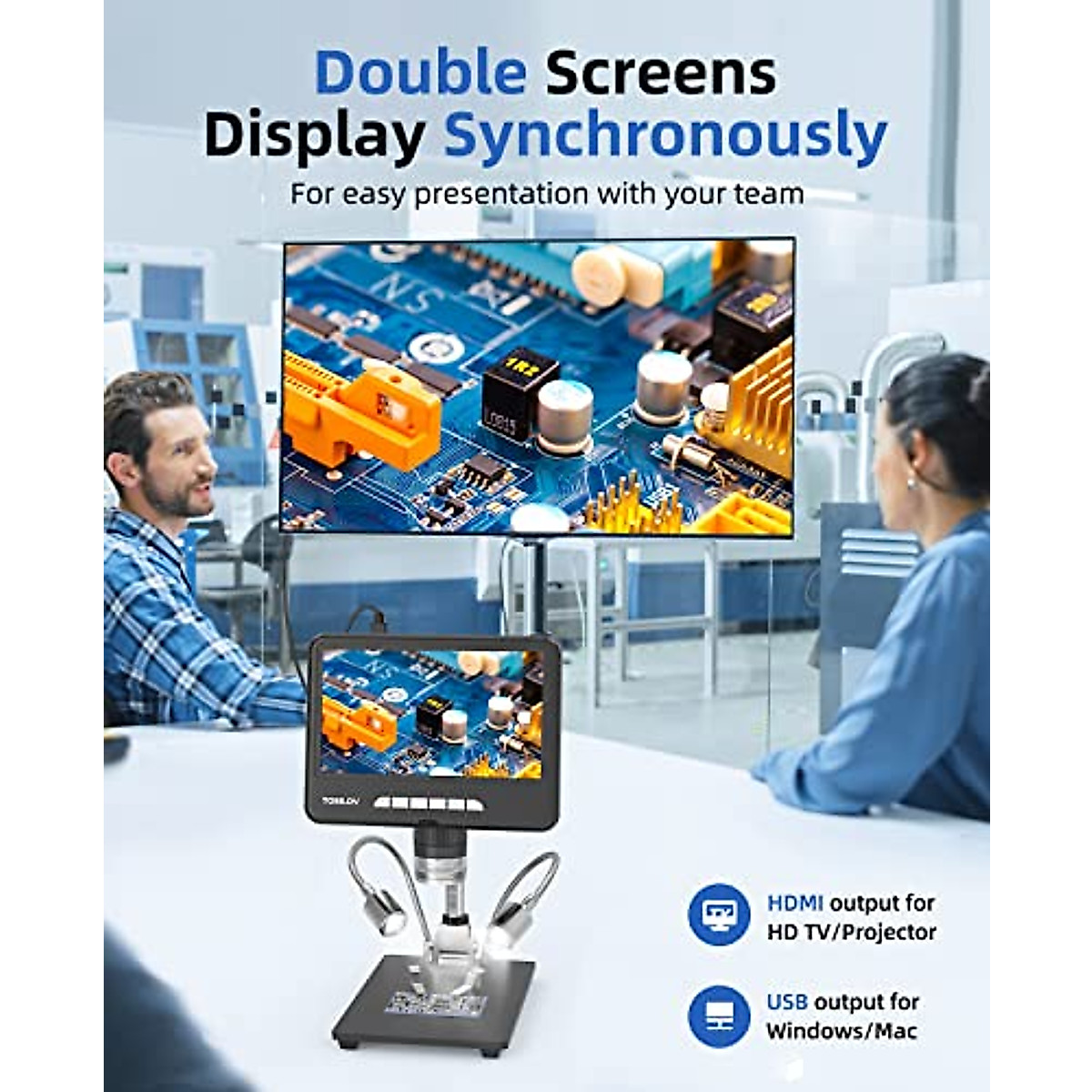 TOMLOV DM401 Pro 2K Digital Microscope 1200x, Extension Tube ET02, 7 inch HDMI LCD Microscope, Buttom LED Light Stage Included,24MP Coin Microscope with Screen,PC/TV Compatible，32GB