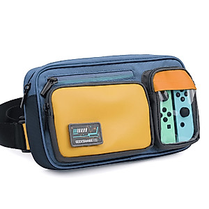 GeekShare Large Capacity Multifunctional Switch/Switch OLED Travel Carrying Case-Color Contrast Laser Messenger Bag Compatible with Switch (Blue & Yellow)
