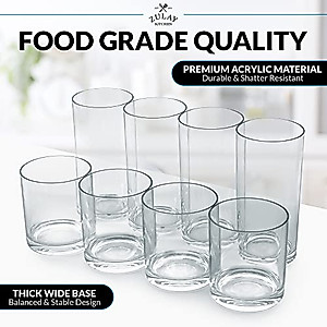 Zulay Plastic Tumblers Drinking Glasses Set of 8 Clear - 4 Each: 12oz and 16oz Acrylic Cups For Kitchen - Unbreakable, Dishwasher Safe Plastic Glasses Set