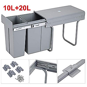 MYOYAY Double Pull Out Under Cabinet Trash Can with Lid 10L + 20L (8 Gallon) Kitchen Cabinet Garbage Can Sliding Out Under Counter Waste Bin, 30 Liters