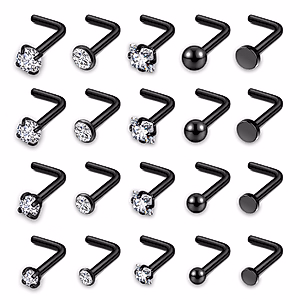 AllerPierce 20G 20Pcs Nose Studs Rings Stainless Steel CZ Black L Shape Stud Nose Piercing Jewelry for Women Men Hypoallergenic Nose Pin 1.5mm 2mm 2.5mm 3mm