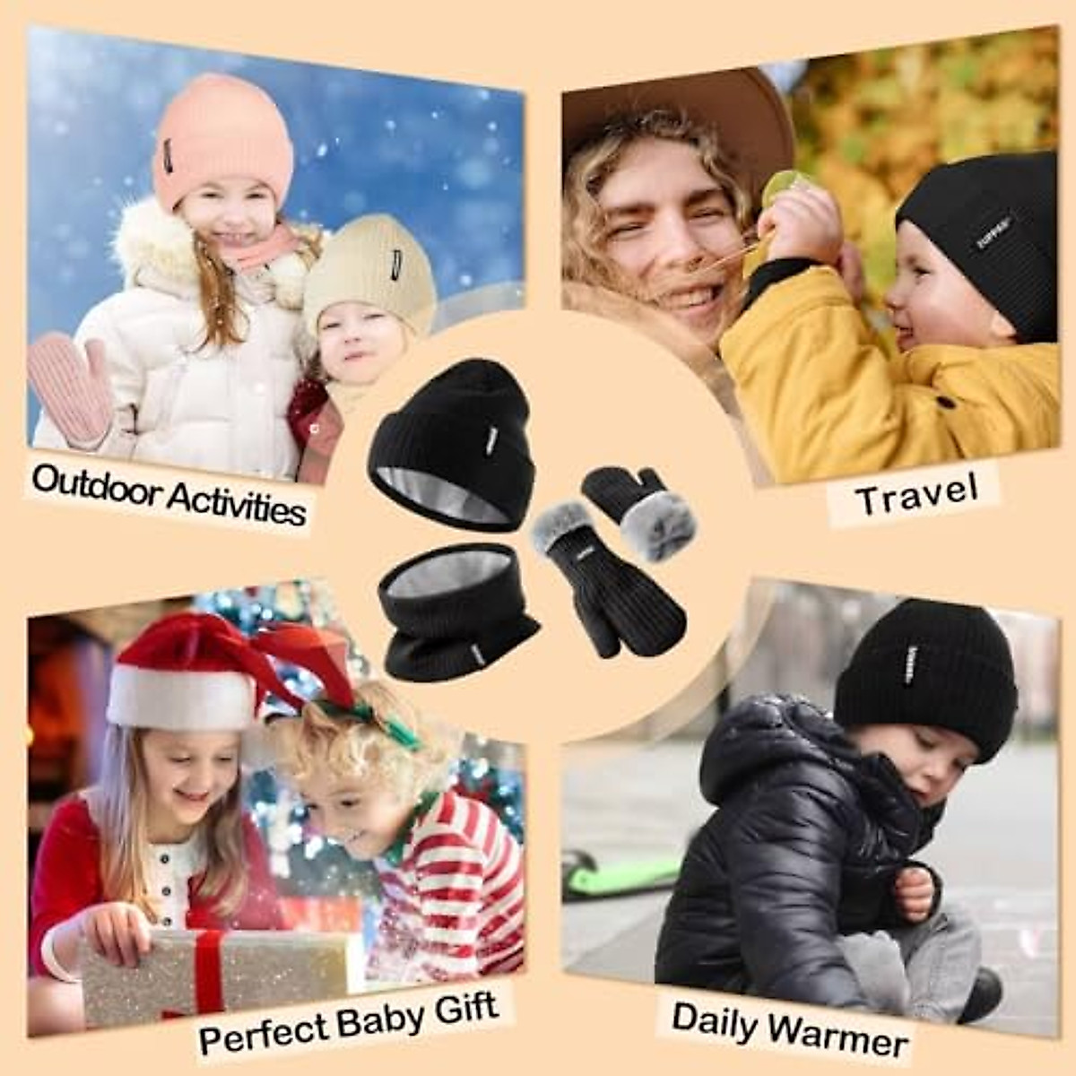 Baby Beanie Mittens Scarf Set Girls Boys, Toddler Winter Hat and Gloves Neck Warmer Set Knit Warm with Fleece Lining, Kids Cold Weather Accessories Sets for Children Infant(Black,6-36 Months)