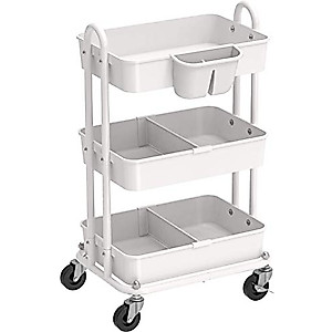Simple Houseware 3-Tier Kitchen Cart Multifunctional Rolling Utility Cart with 2 dividers and Hanging Bucket, White