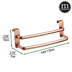 mDesign Metal Modern Kitchen Over Cabinet Double Towel Bar Rack - Hang on Inside or Outside of Doors, Storage and Organization for Hand, Dish, Tea Towels - 9.84" Wide - Copper