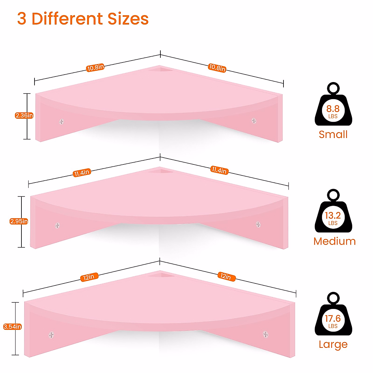 Homode Corner Shelf Wall Mount, Set of 3 Corner Floating Shelves with Cable Hole, 3 Tier Wood Corner Hanging Shelves, Living Room Bedroom Bathroom, Pink