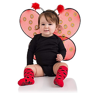 juDanzy Knee High Socks with Grips for Babies, Toddlers and Children (1 Pair) (4-6 Years, Red and Black Ladybug Dots)