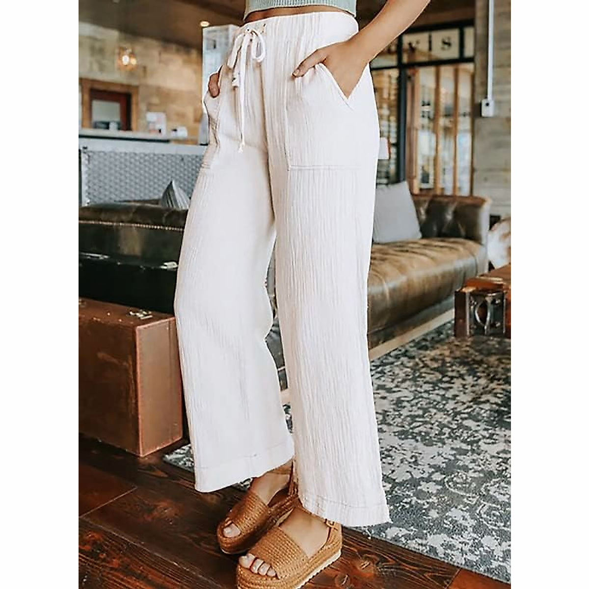 Dokotoo Women's Ladies Plus Size Fashion Summer Beach Casual Linen Elastic High Waisted Drawstring Comfy Elegant Wide Leg Loose Work Office Long Palazzo Pants for Women Trousers with Pockets White M