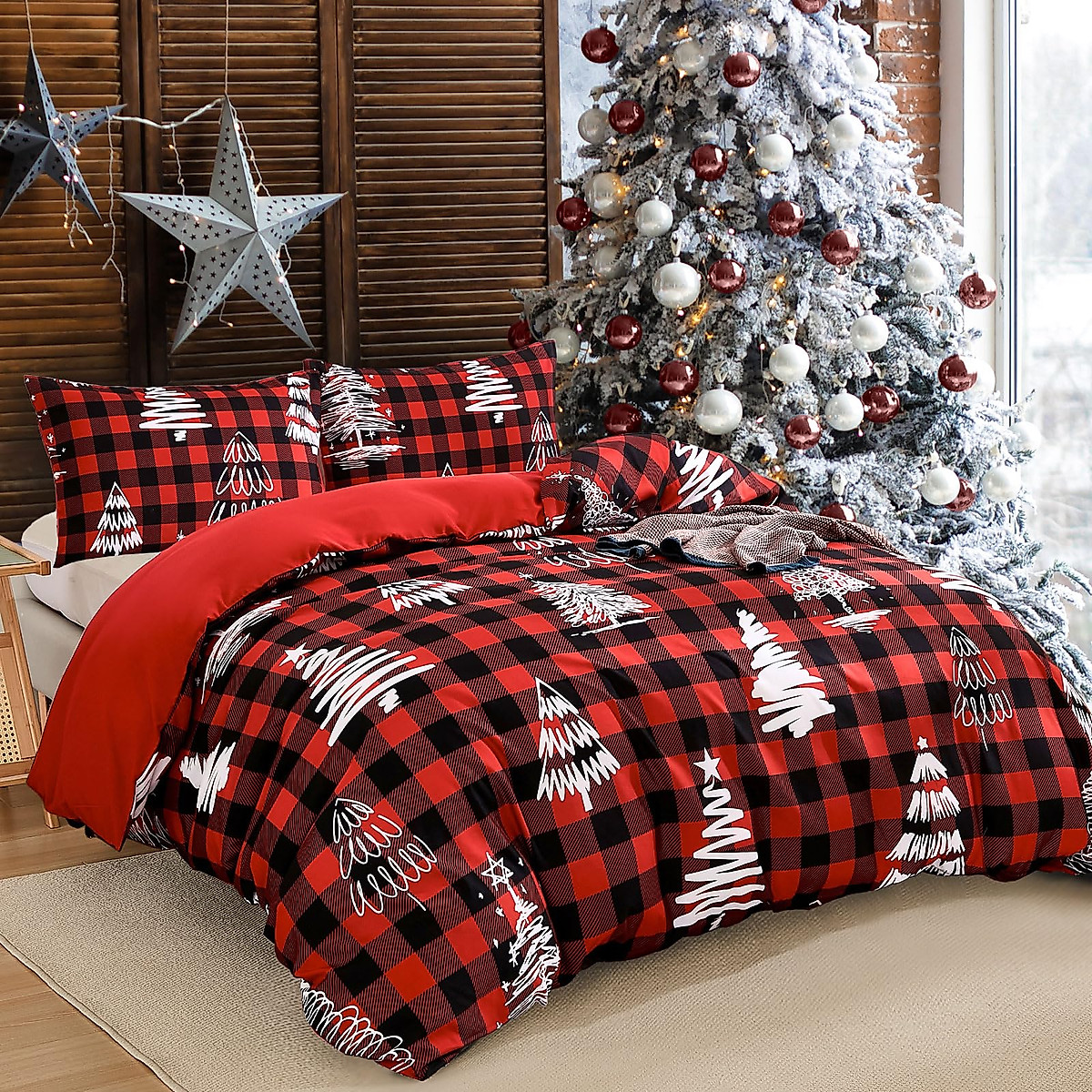 Dobuyly Christmas Duvet Cover Queen Size, Red Plaid Christmas Tree Printed Duvet Cover Set, Soft Microfiber Buffalo Check Christmas Bedding Set 3 Piece