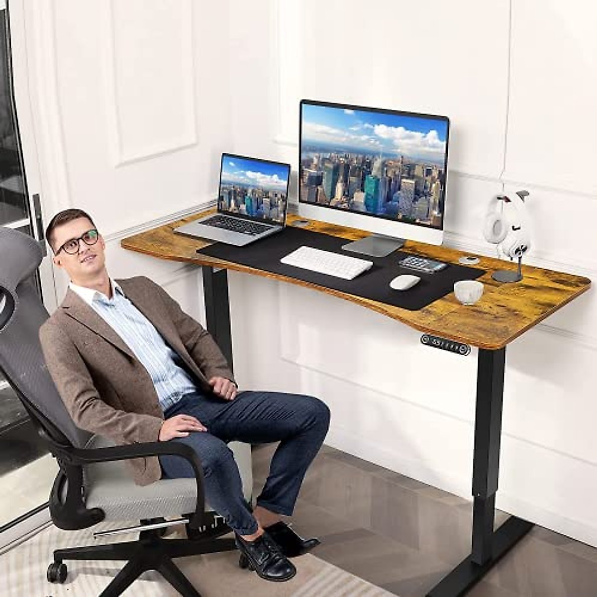 Legooin Electric Standing Adjustable Height Desk 55'' x 24''Sit Stand Desk with Double Crossbeam Structure, 27''-45'' Lifting Range Stand up Desk(Brown Arc)
