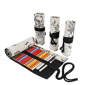 FZBNSRKO Colorful Print Pencils Case Wrap,Travel Portable Roll Up Canvas Pencil Storage Organizer Holder for Artist Adult Coloring Books with 72 Slots,Holiday Gifts(Black Peony)