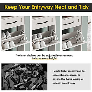 Maupvit Farmhouse Shoe Cabinet with 2 Flip Drawers & 2 Drawers, Shoe Storage Cabinet with Doors and Shelves, Shoe Organizer for Entryway, Narrow Shoe Cabinet for Front Door Entrance, White