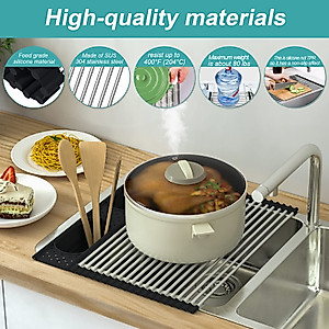 AIANDE Roll Up Dish Drying Rack Sink Drying Rack Over The Sink Dish Drying Rack Sink Topper Foldable Sink Cover Collapsible Dish Drying Rack for Kitchen Anti-Slip Silicone and SUS304 Material