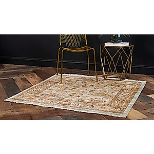 Unique Loom Dorchester Collection Botanical, Border, Traditional Area Rug (4' 5 x 4' 5 Square, Light Green/ Tan)