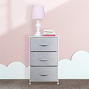 mDesign Vertical Dresser Storage Tower - Sturdy Steel Frame, Wood Top, Easy Pull Fabric Bins - Organizer Unit for Child/Kids Bedroom or Nursery - Textured Print - 3 Drawers - Gray/White