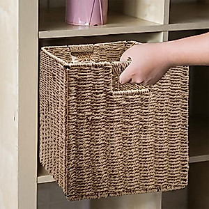 Foldable Wicker Storage Basket，Baskets for Shelves With Labels，3-Pack Pantry Baskets、Wicker Basket、Seagrass Baskets