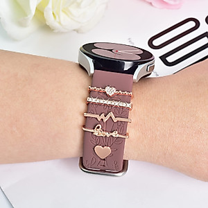 ORATYFAN Bands for Samsung Galaxy Watch 7/4/5/6 with Charms, 20mm Women Floral Engraved Silicone Strap with Decorative Rings for Watch 6/Watch 5 Pro/Watch 4 Classic 46mm 42mm/Watch 3 41mm/Active 2