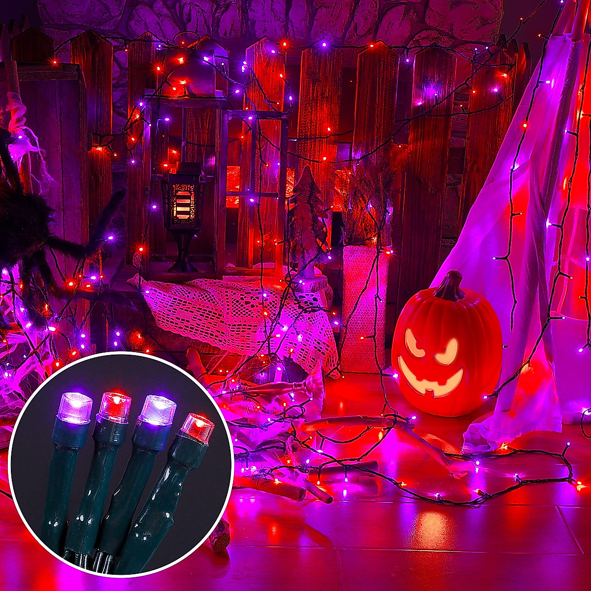 Hopolon Solar Halloween String Lights Outdoor Waterproof,72ft 200LED Purple Red Solar String Lights with USB for Christmas, Halloween, Garden, Christmas Tree, Outdoors Patio Garden Party(Purple Red)